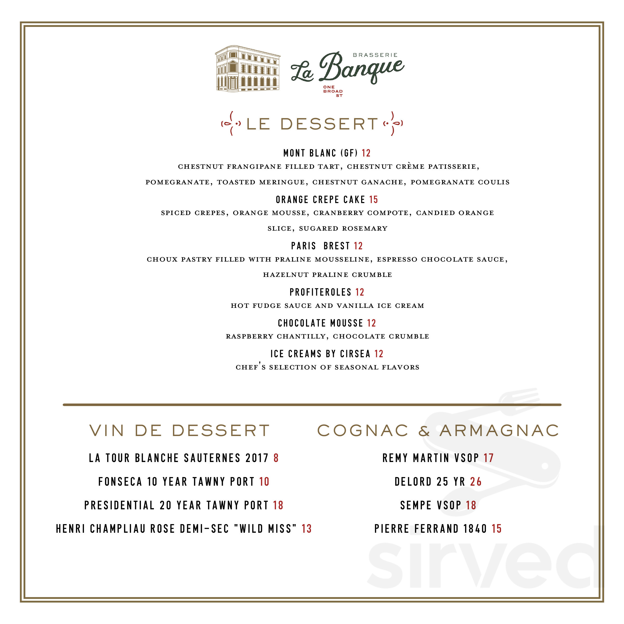 Brasserie la Banque menu in Charleston, South Carolina, USA