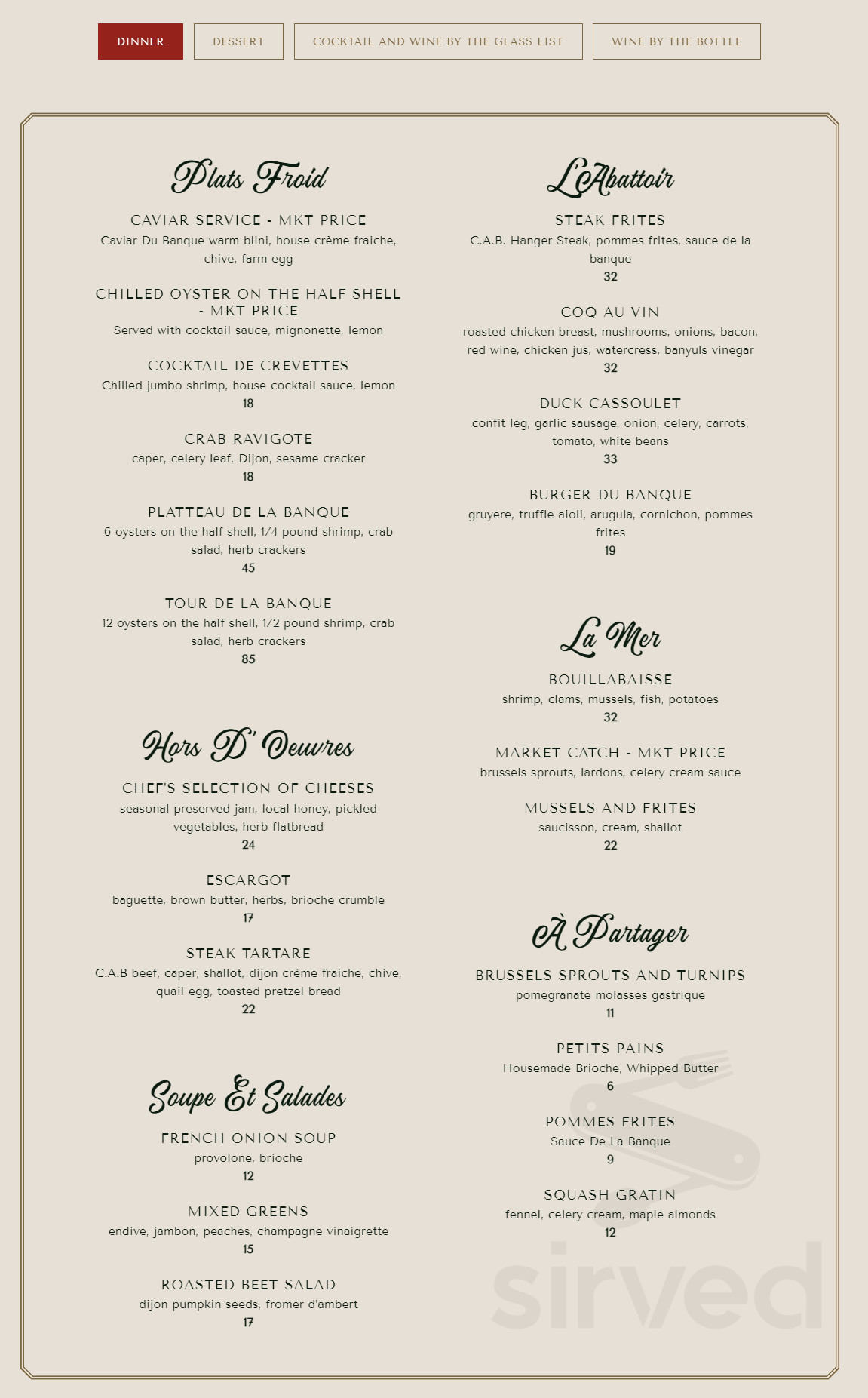 Brasserie la Banque menu in Charleston, South Carolina, USA