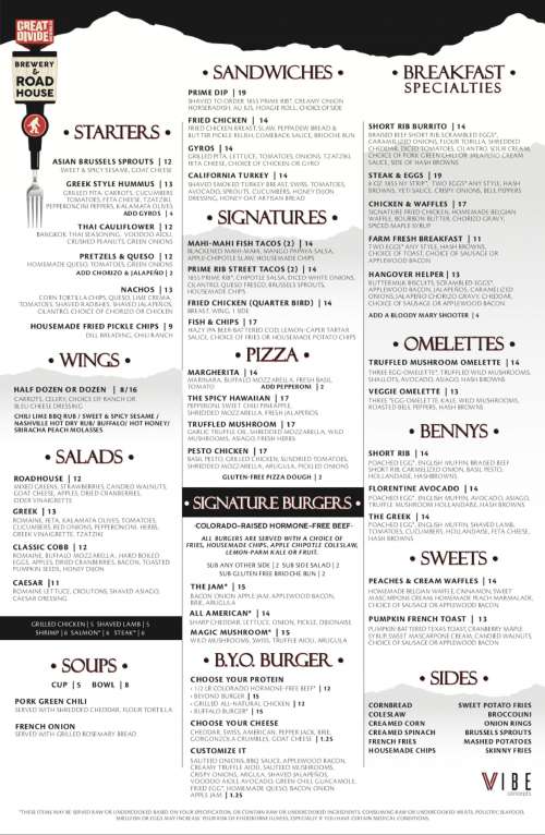 Great Divide Brewery & Roadhouse menu in Castle Rock, Colorado, USA
