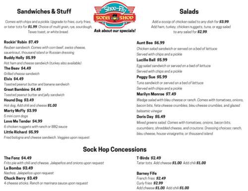 Shoo-Fly Soda Shop menu in Glen Rose, Texas, USA
