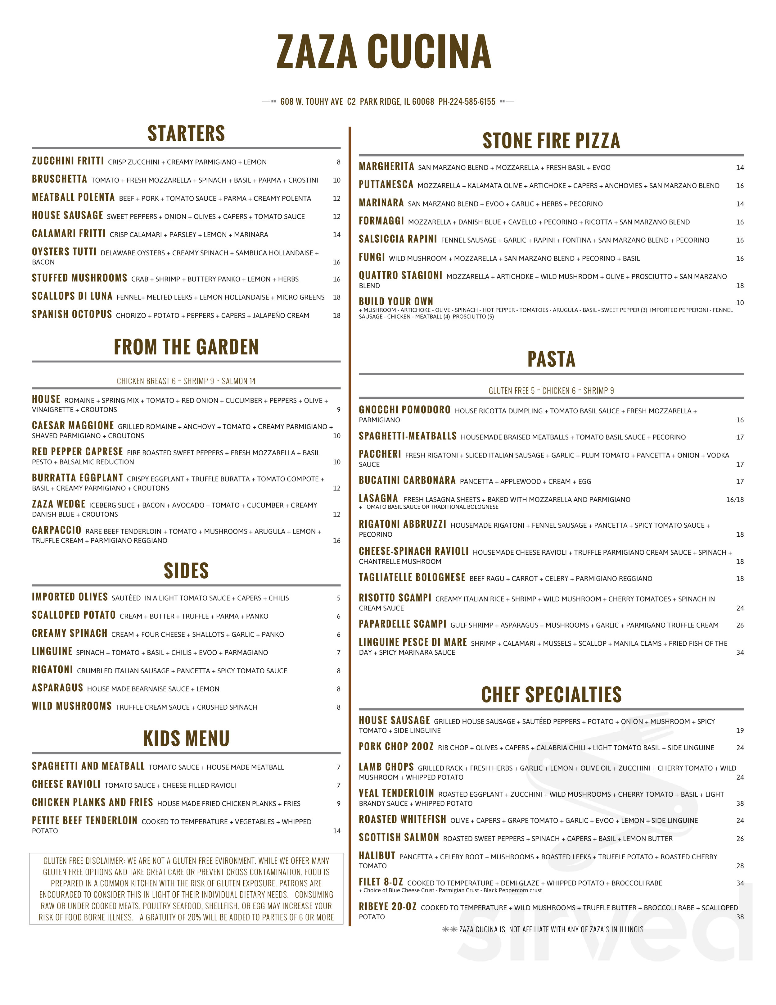 ZAZA CUCINA menu in Park Ridge, Illinois, USA