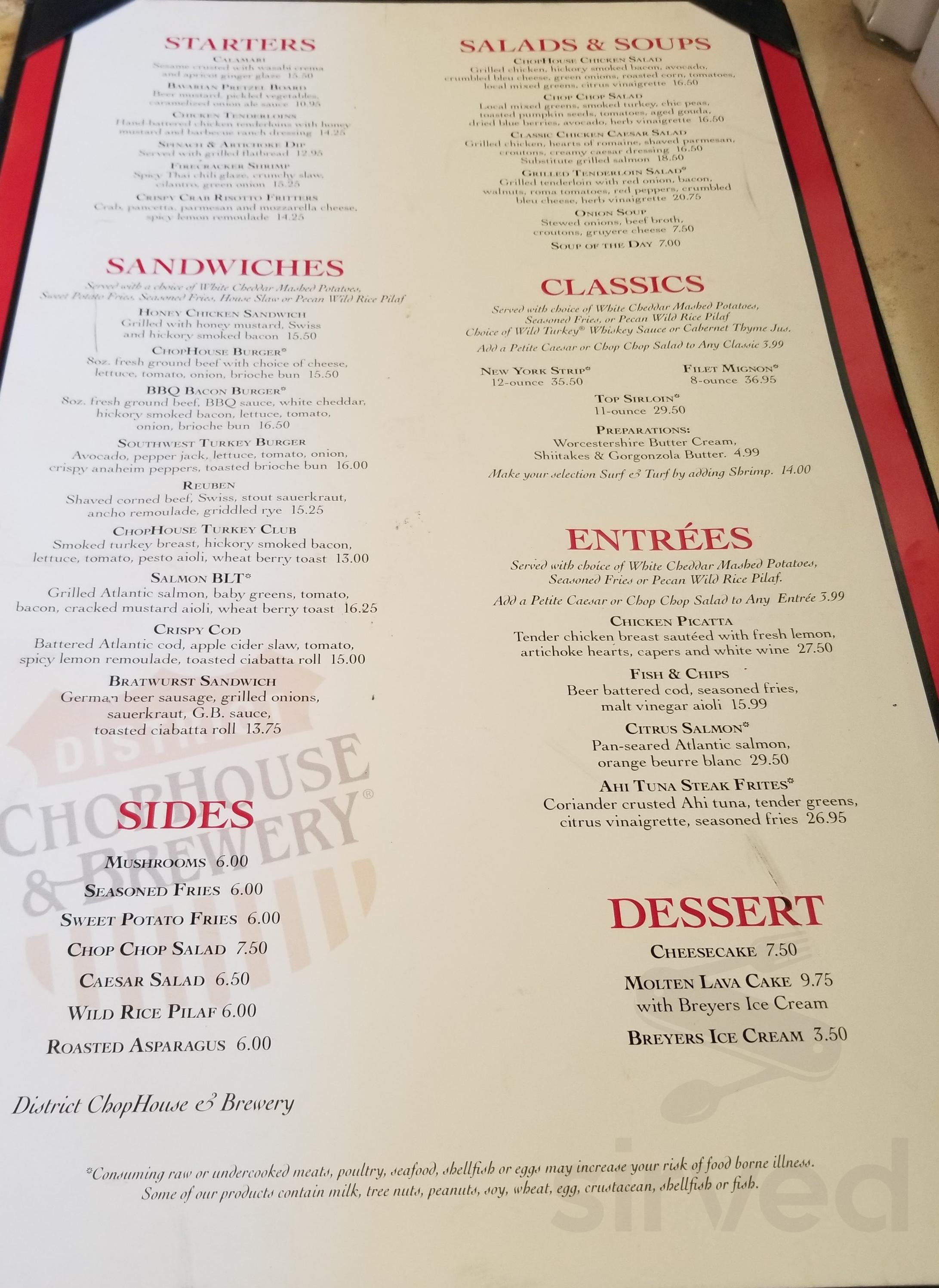 District Chophouse menu in Dulles, Virginia, USA