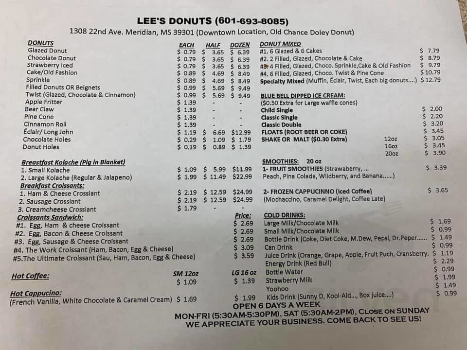 Lee's Donuts menu in Meridian, Mississippi, USA