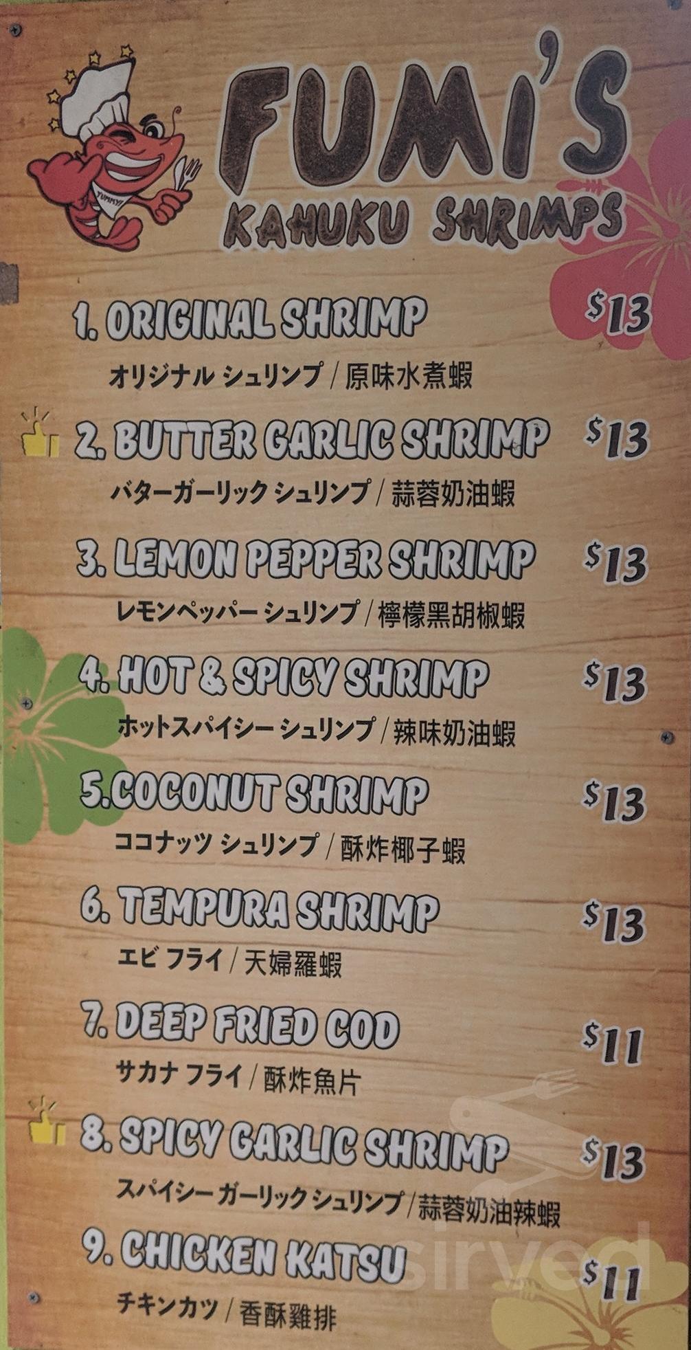 Fumi's Kahuku Shrimp menu in Kahuku, Hawaii, USA