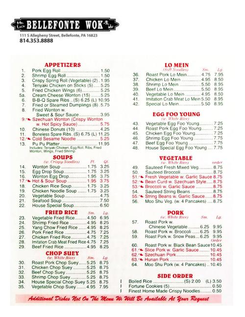 Bellefonte Wok menu in Bellefonte, Pennsylvania, USA