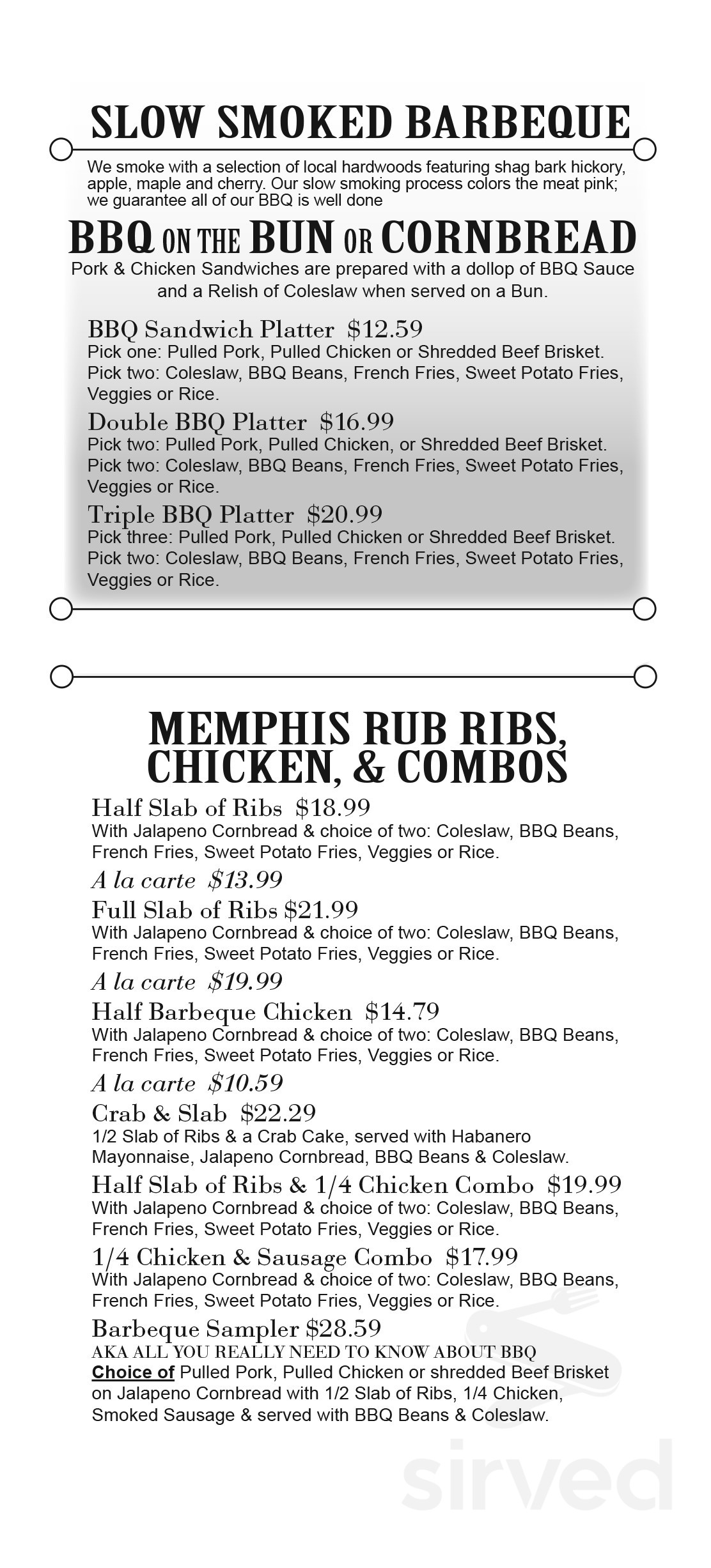 Menu - Augusta ME's Riverfront Barbeque & Grille | Sirved