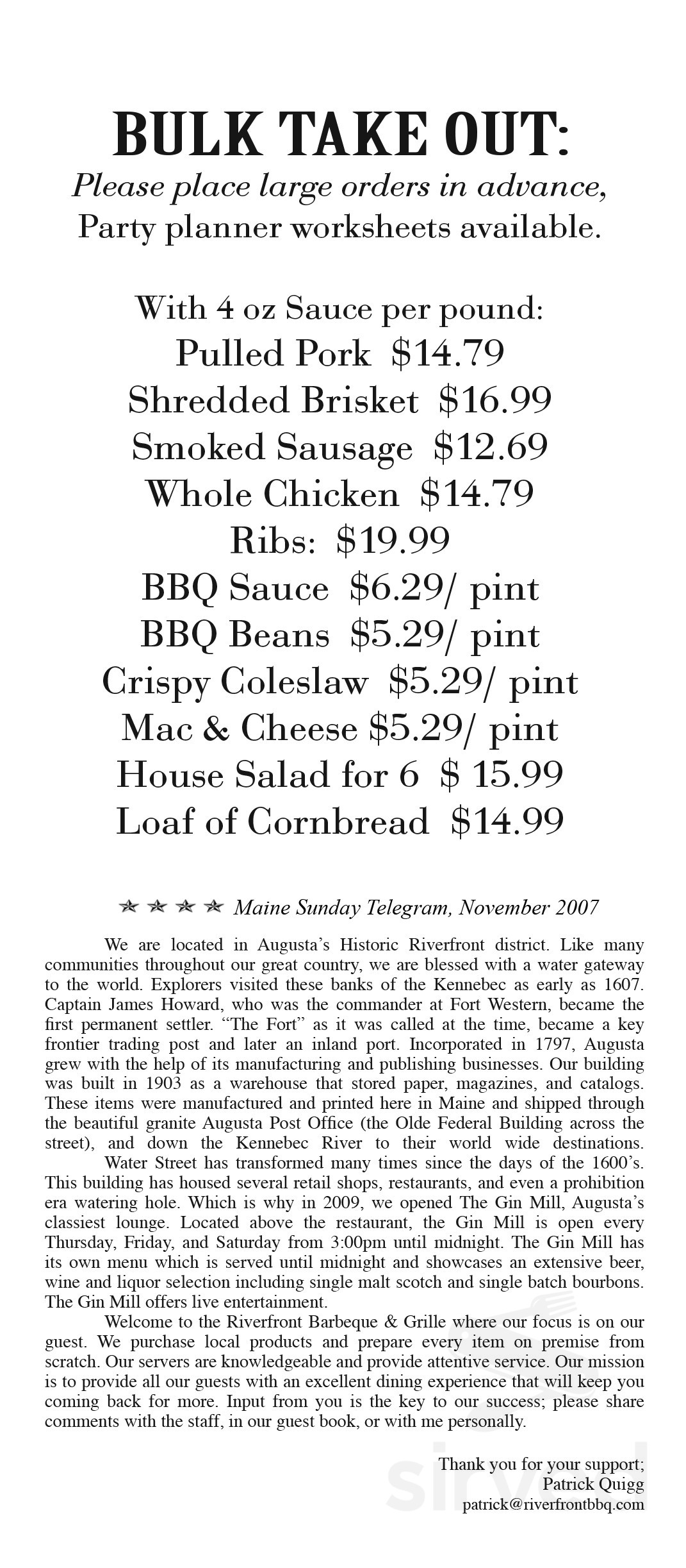 Menu - Augusta ME's Riverfront Barbeque & Grille | Sirved