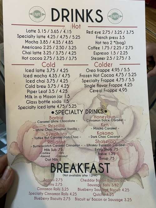 Crave menu in Tupelo, Mississippi, USA