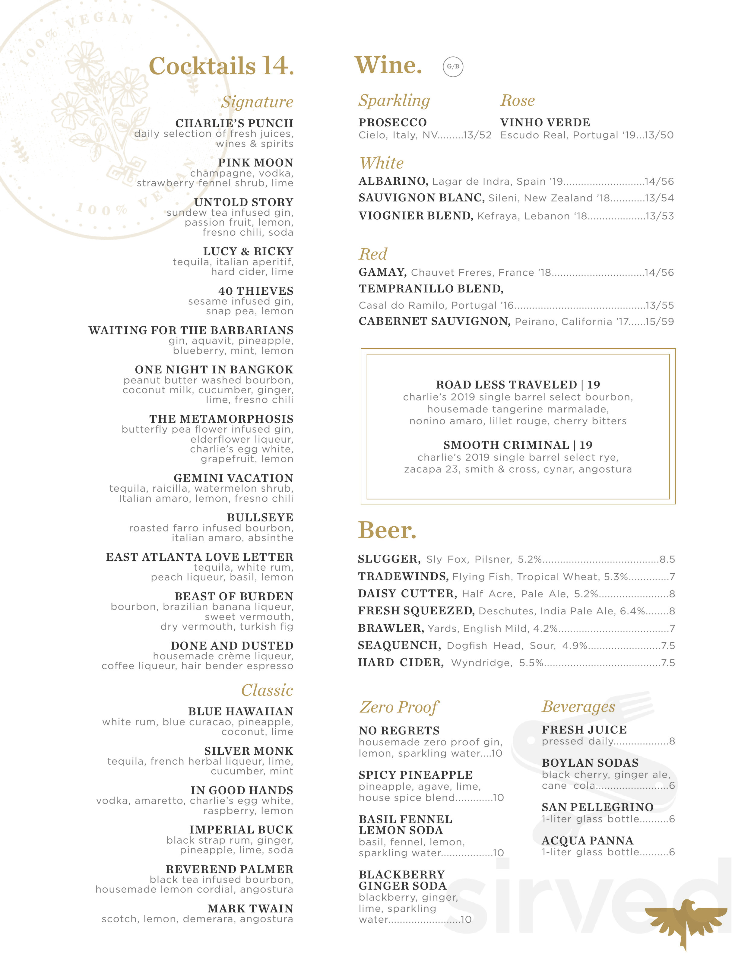 Menu - Philadelphia PA's Charlie was a sinner. | Sirved