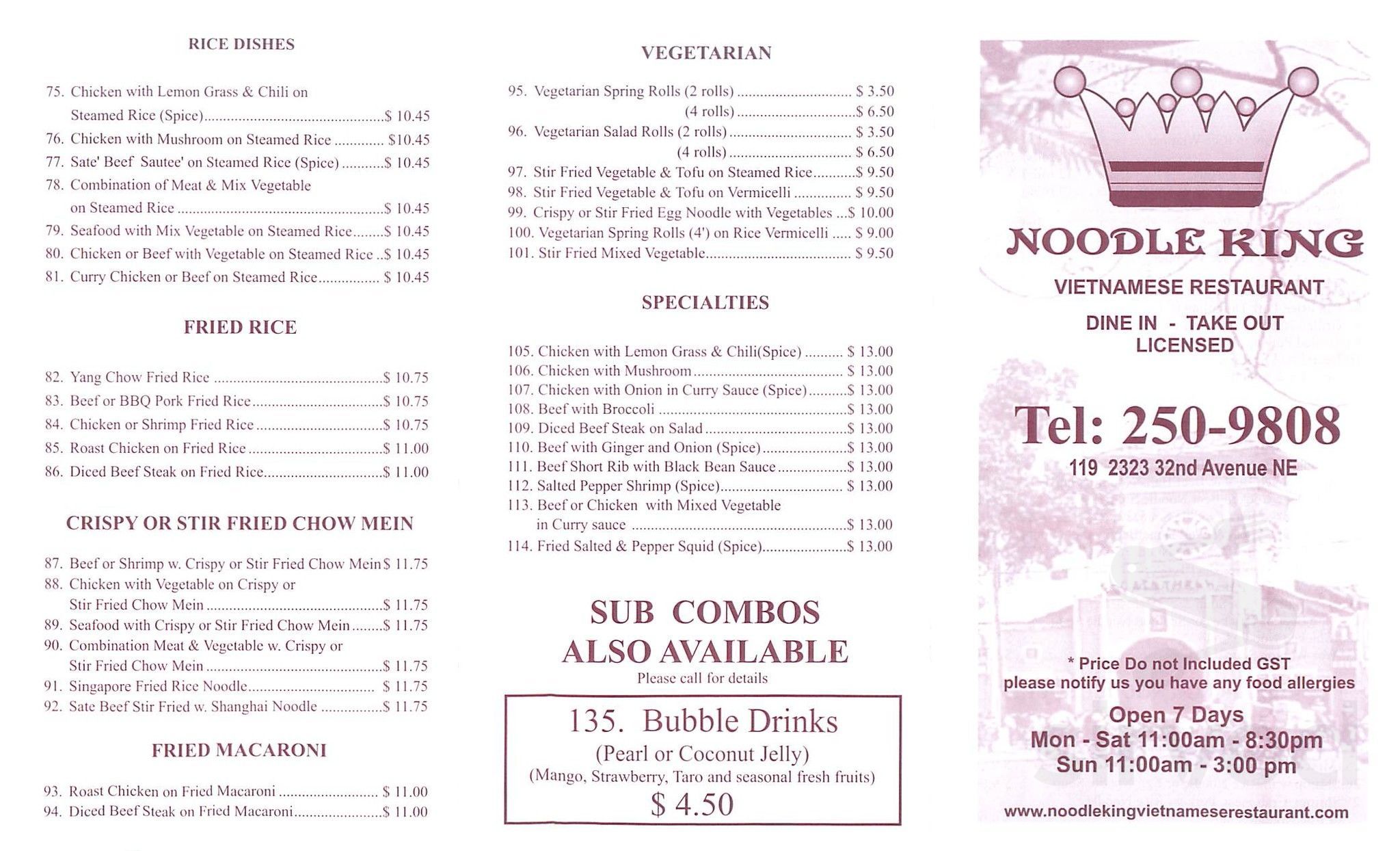Menu for Noodle King Vietnamese Restaurant in Calgary, AB | Sirved