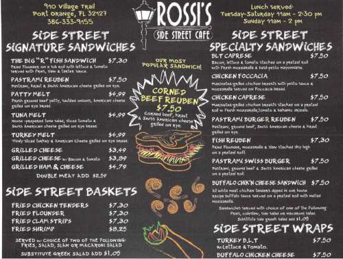 Rossi's Side Street Cafe menu in Port Orange, Florida, USA