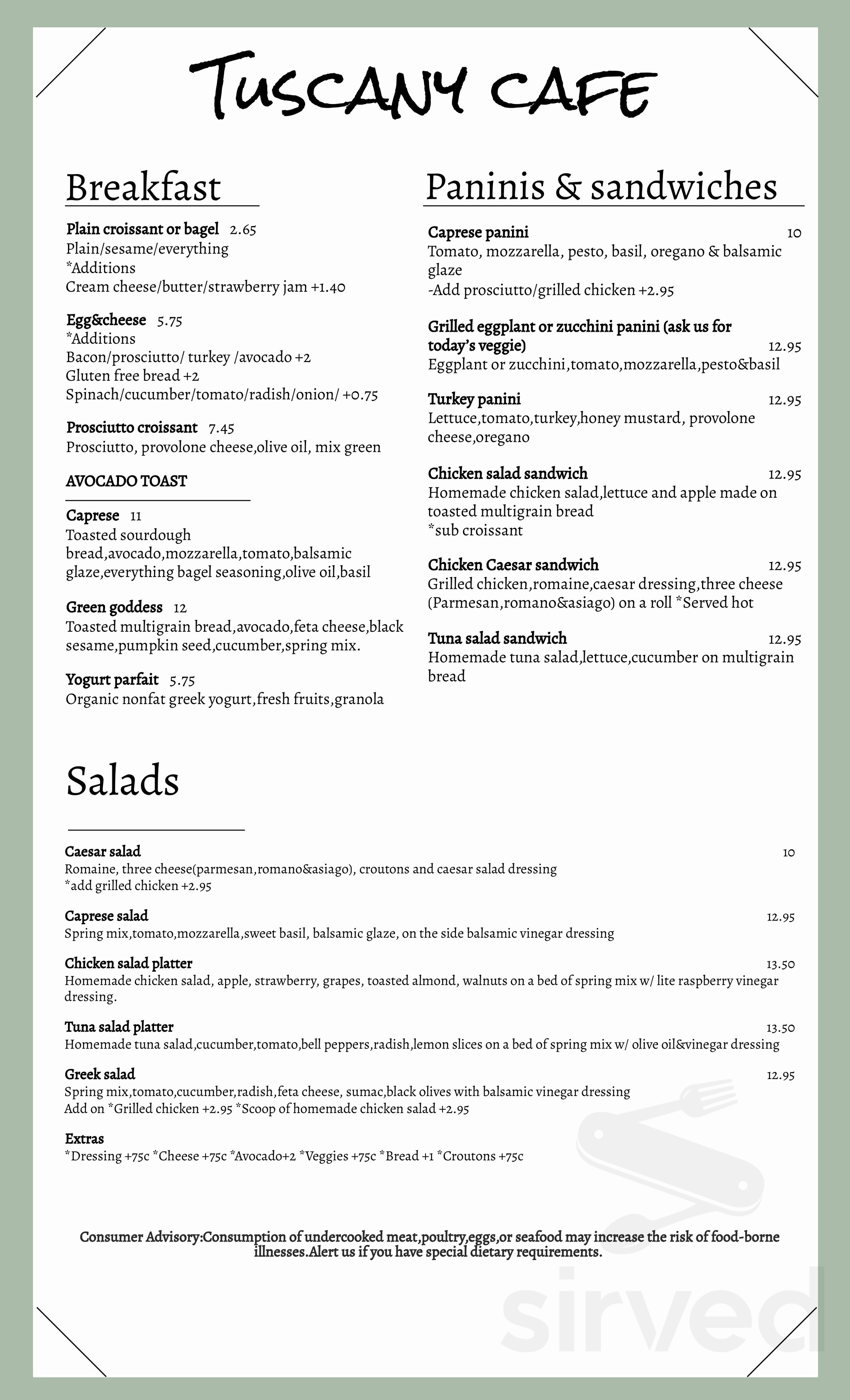Tuscany Cafe center city menu in Philadelphia, Pennsylvania, USA