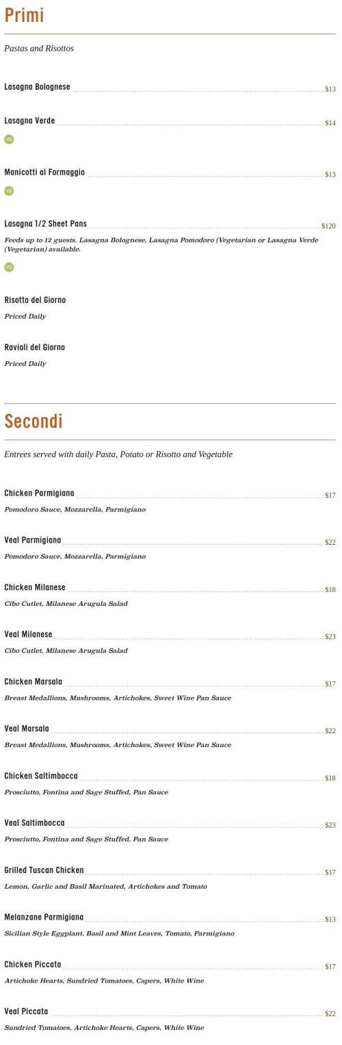 Cibo Italian Kitchen & Market menu in Orleans, Massachusetts, USA