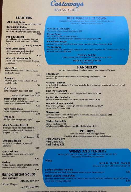 Castaways Restaurant menu in Astor, Florida, USA