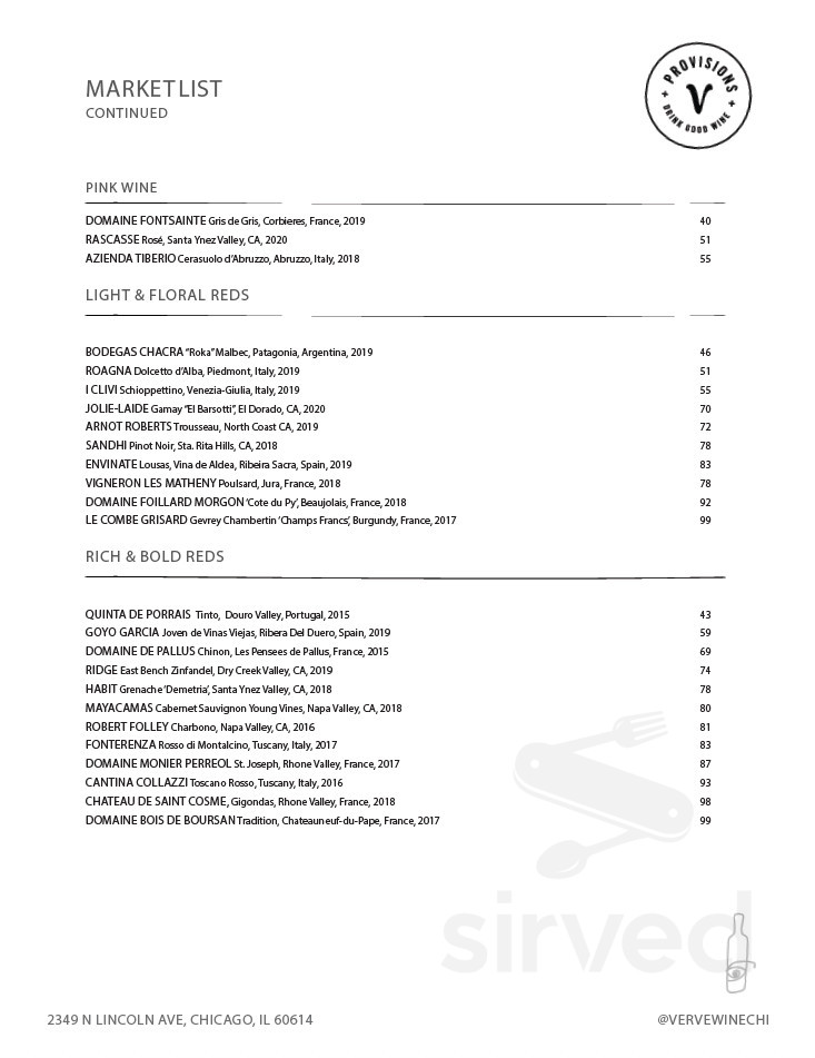 Verve Wine menu in Chicago, Illinois, USA