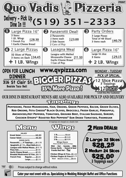 Quo Vadis Pizzeria menu in Chatham, Ontario, Canada