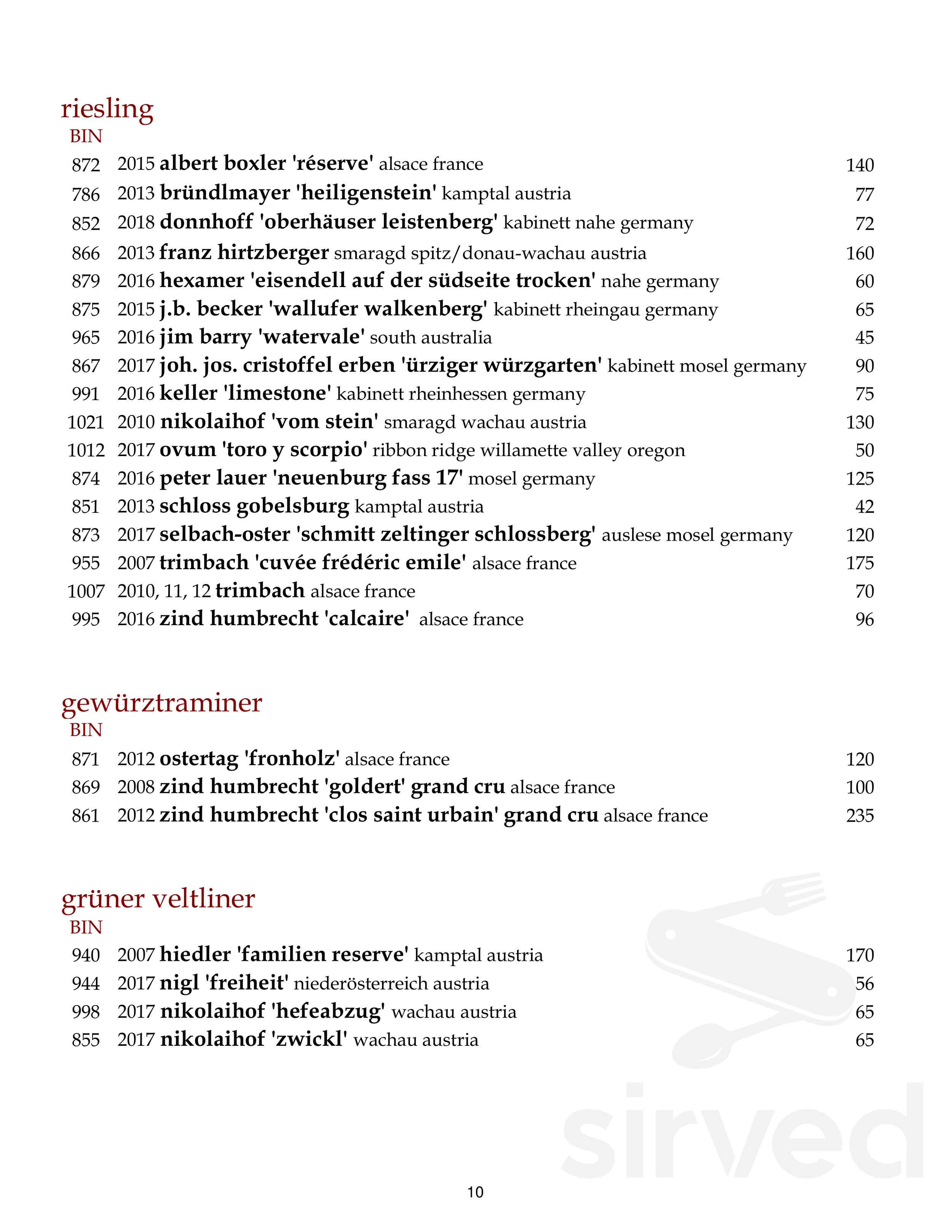 Allred's Restaurant menu in Telluride, Colorado, USA