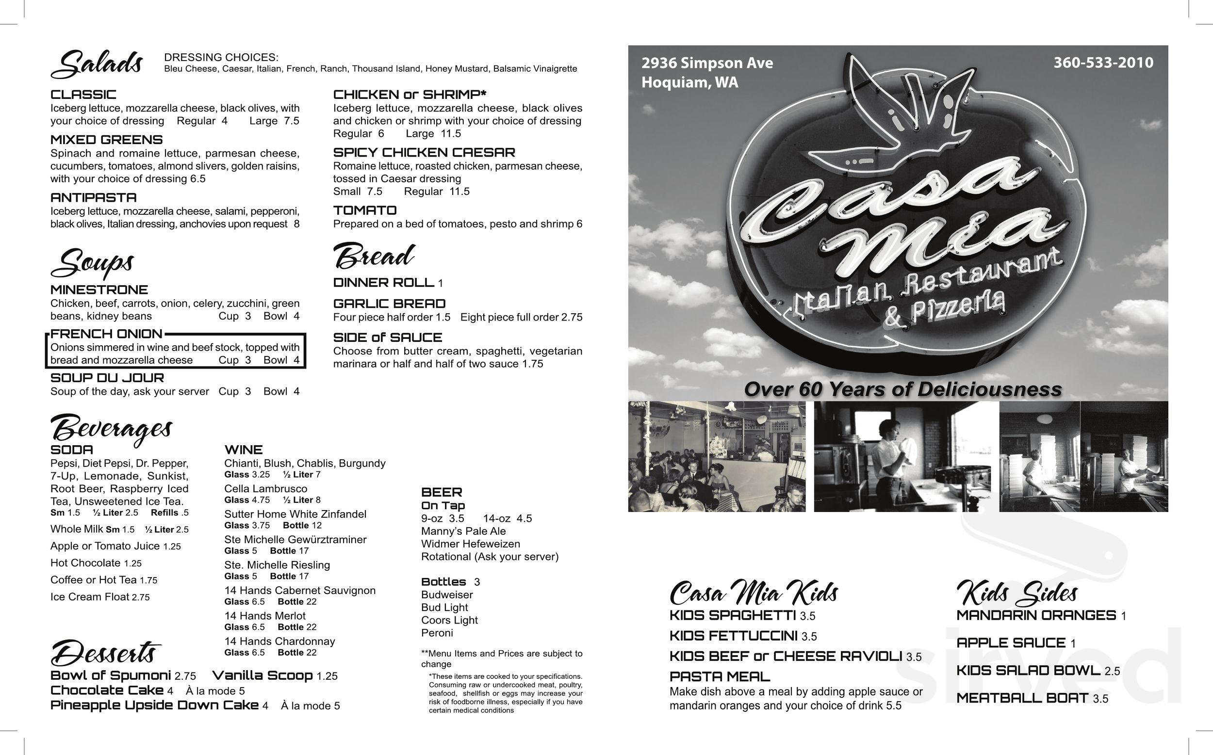 Casa Mia of Hoquiam menus in Hoquiam, Washington, United States