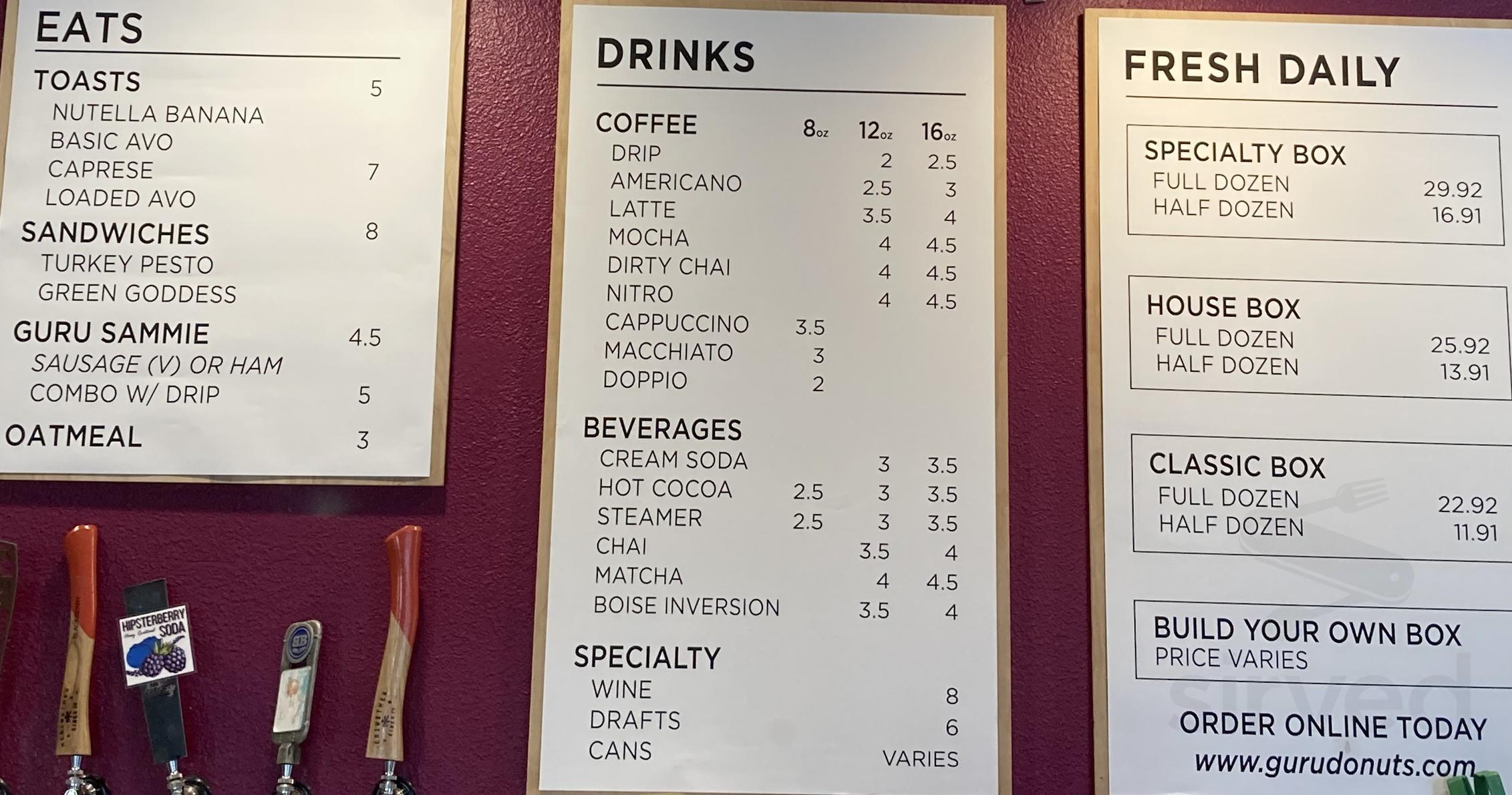 Guru Donuts & Espresso menu in Boise, Idaho, USA