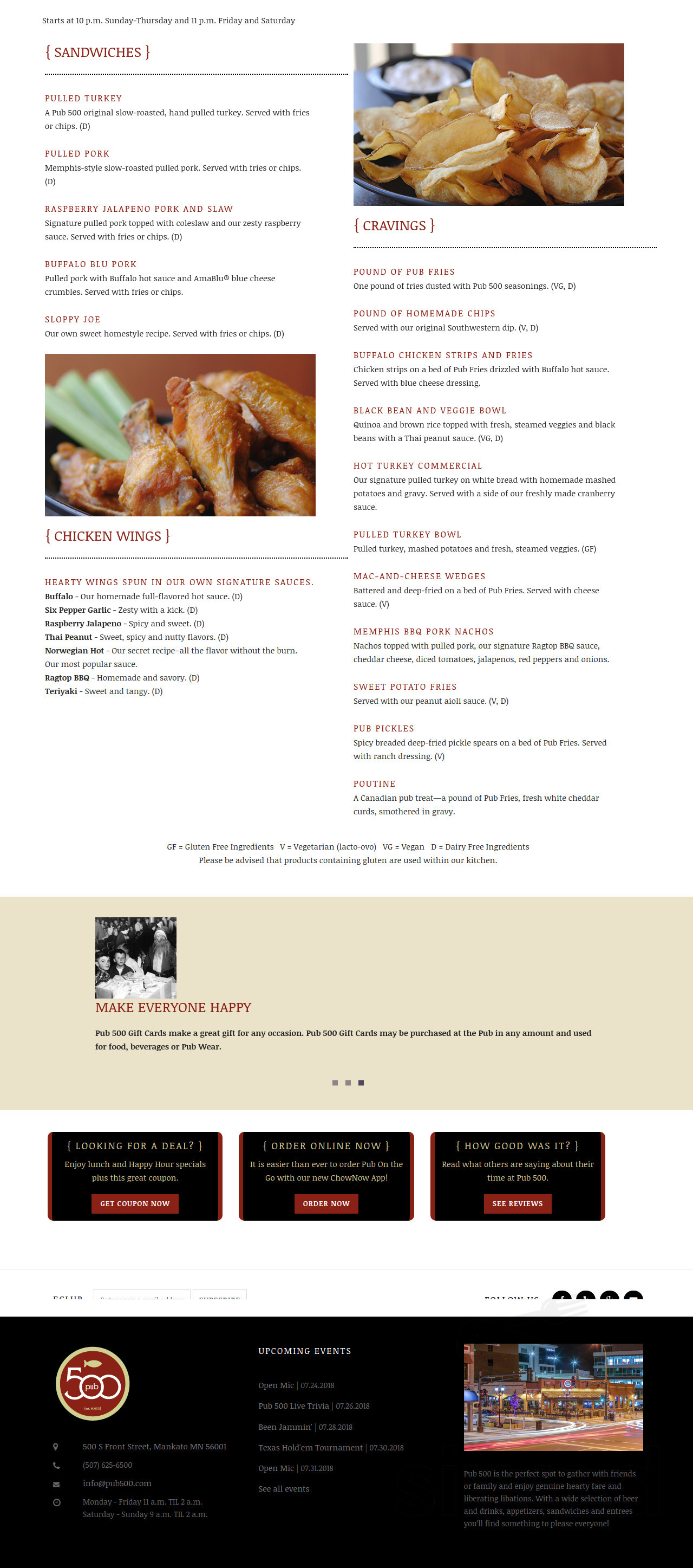 Pub 500 menu in Mankato, Minnesota, USA