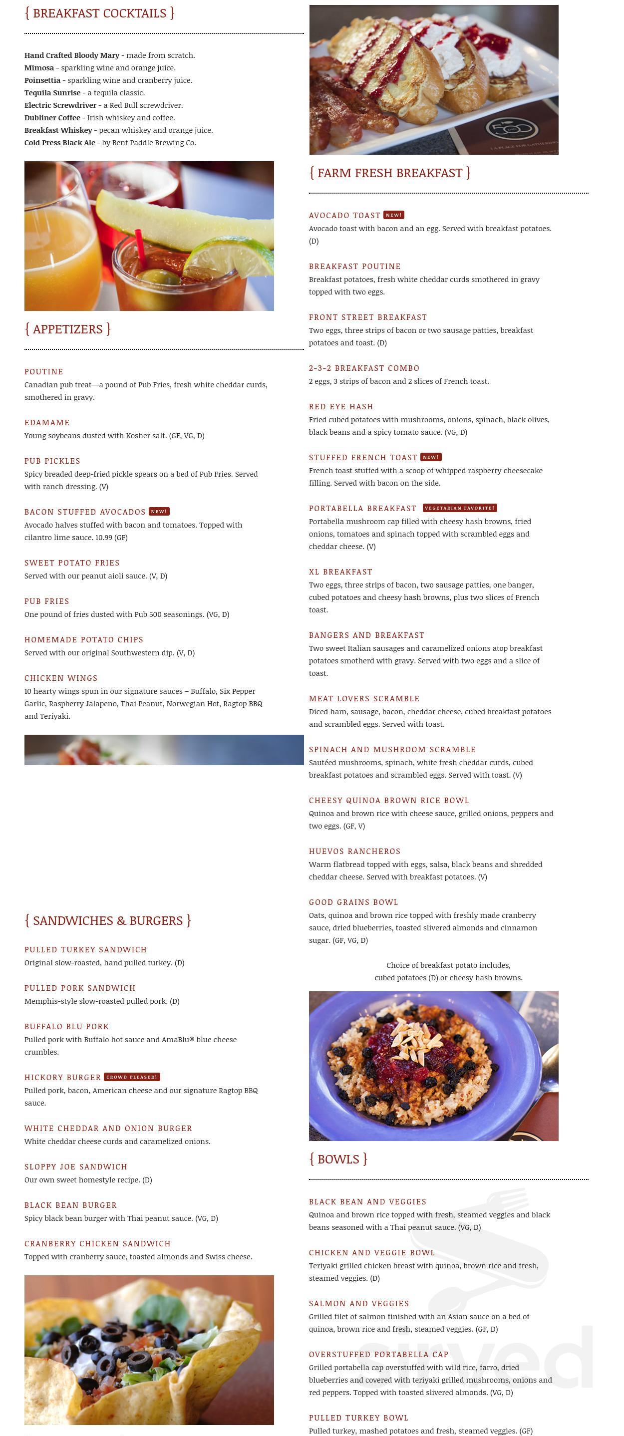 Pub 500 menu in Mankato, Minnesota, USA