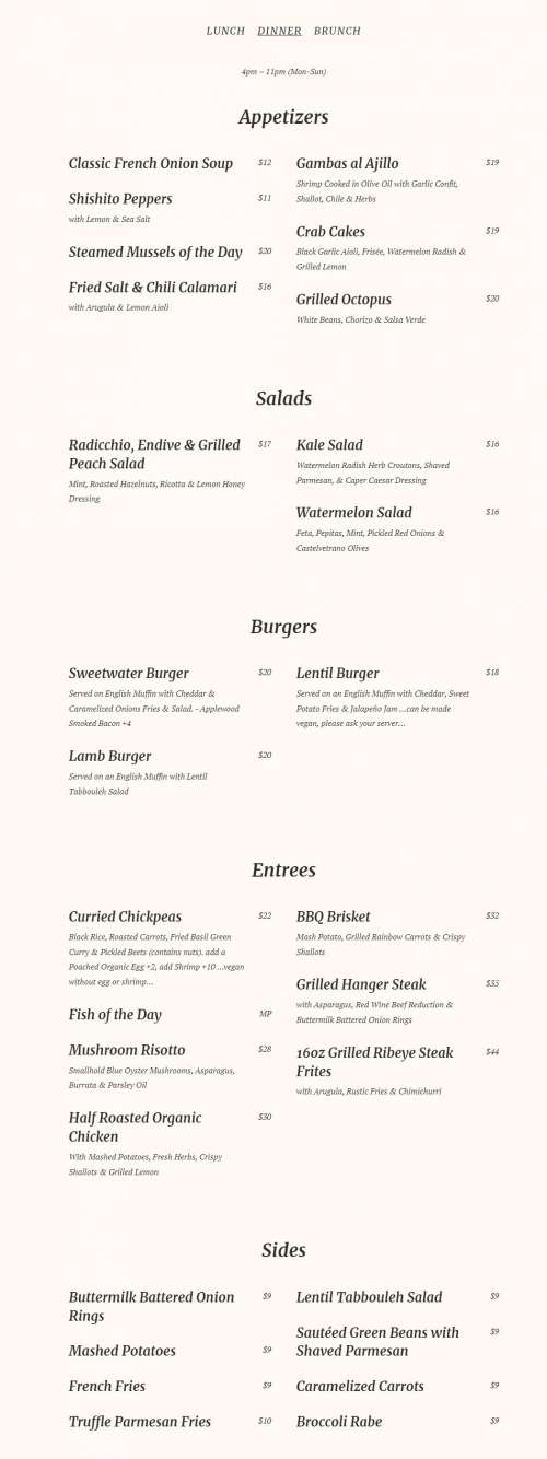 Sweetwater menu in Brooklyn, New York, USA