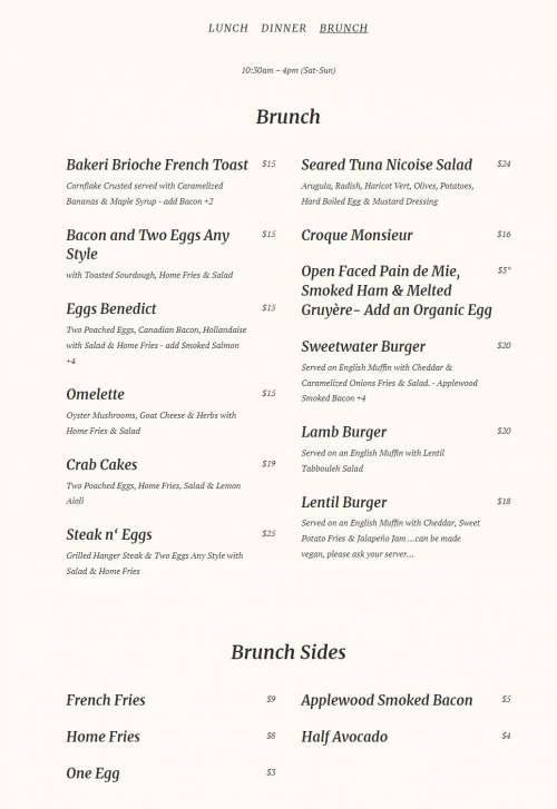 Sweetwater menu in Brooklyn, New York, USA