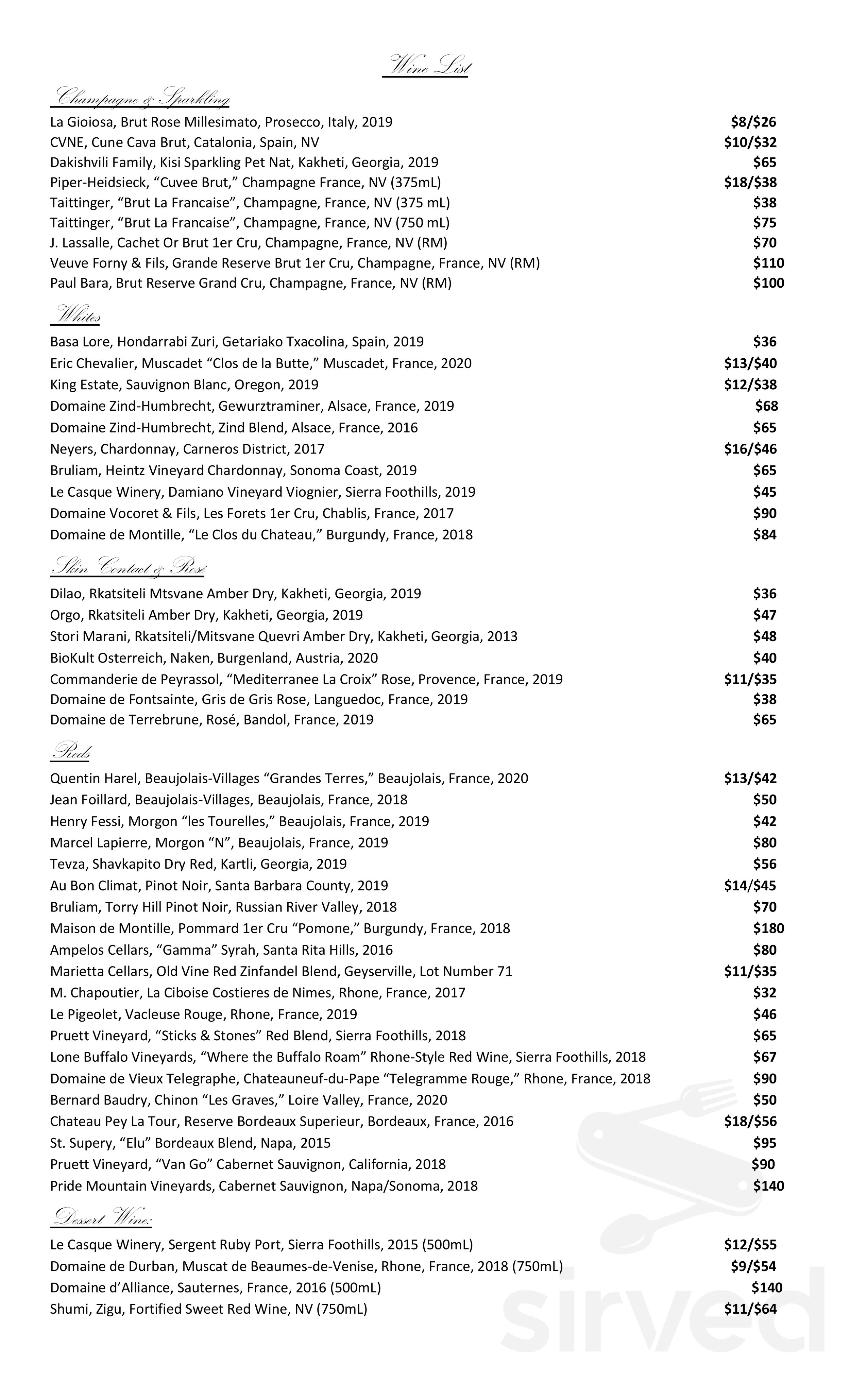 Menu for Restaurant Josephine in Auburn, CA | Sirved