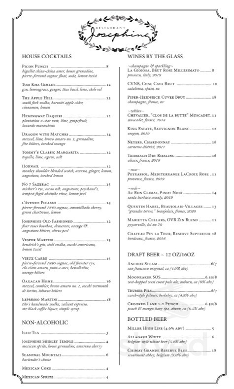 Restaurant Josephine menu in Auburn, California, USA