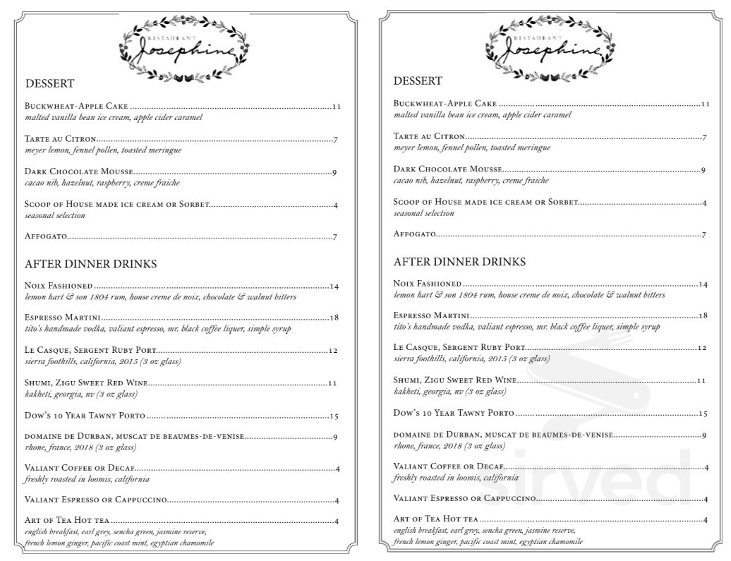 Menu for Restaurant Josephine in Auburn, CA | Sirved