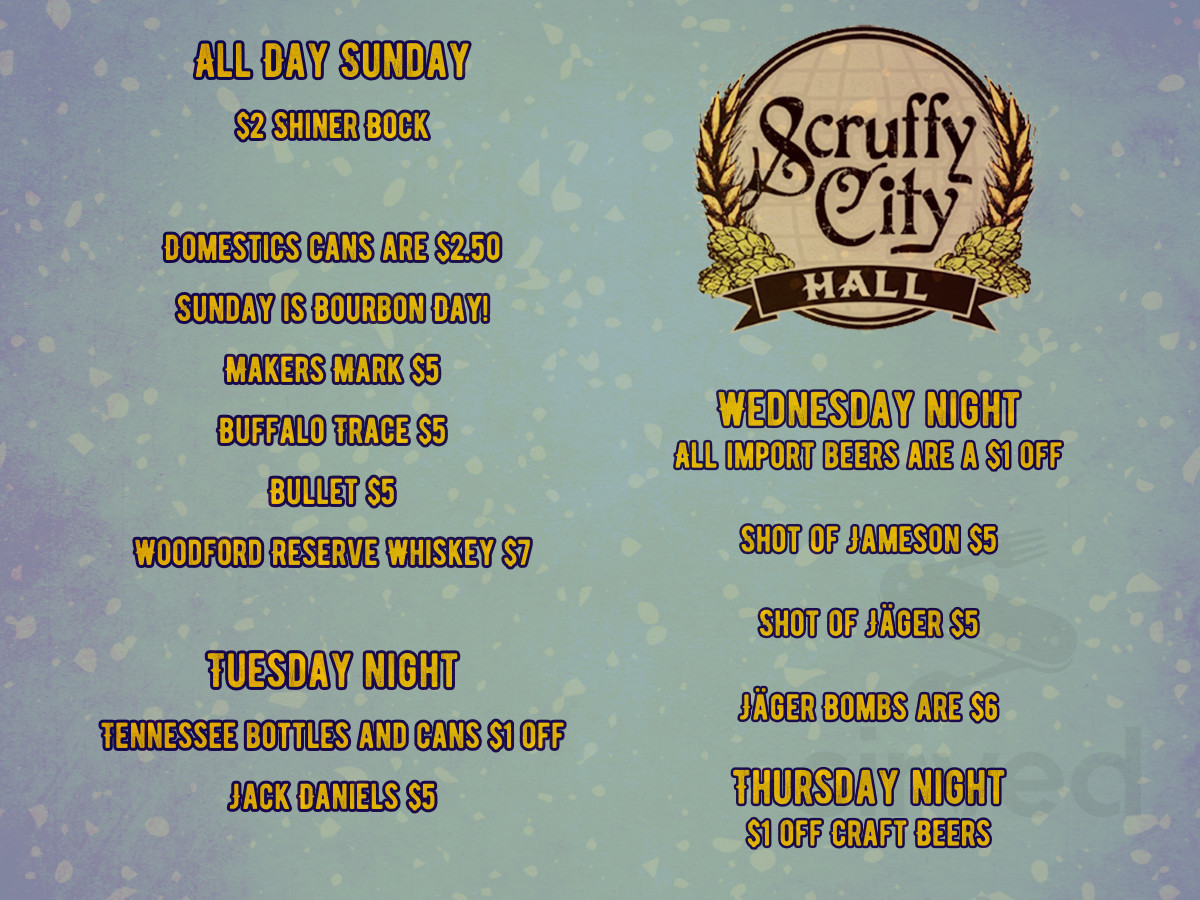 Scruffy City Hall menu in Knoxville, Tennessee, USA