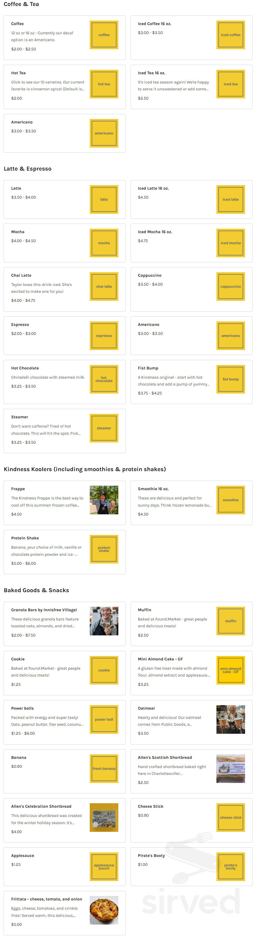 Kindness Cafe + Play menu in Charlottesville, Virginia, USA