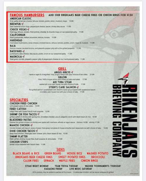 Rikenjaks Brewing Company menu in Vidor, Texas, USA