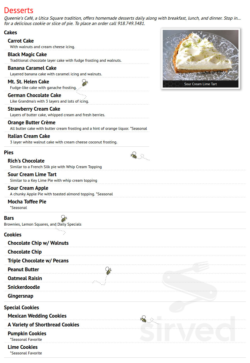 Queenies menu in Tulsa, Oklahoma, USA