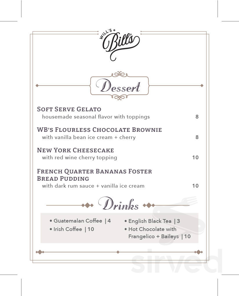 Menu for Will's + Bill's Brewery and Restaurant in Berwyn, PA | Sirved