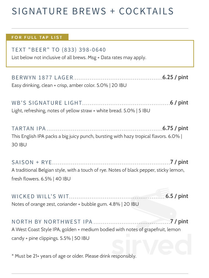 Menu for Will's + Bill's Brewery and Restaurant in Berwyn, PA | Sirved