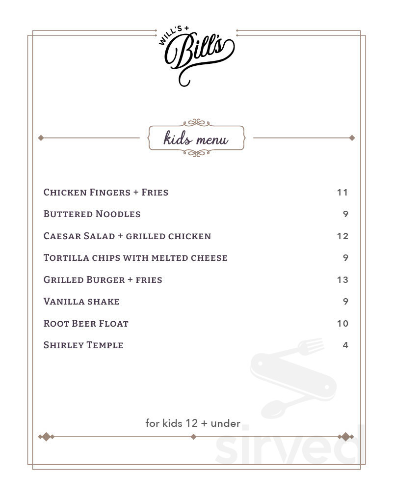 Menu for Will's + Bill's Brewery and Restaurant in Berwyn, PA | Sirved