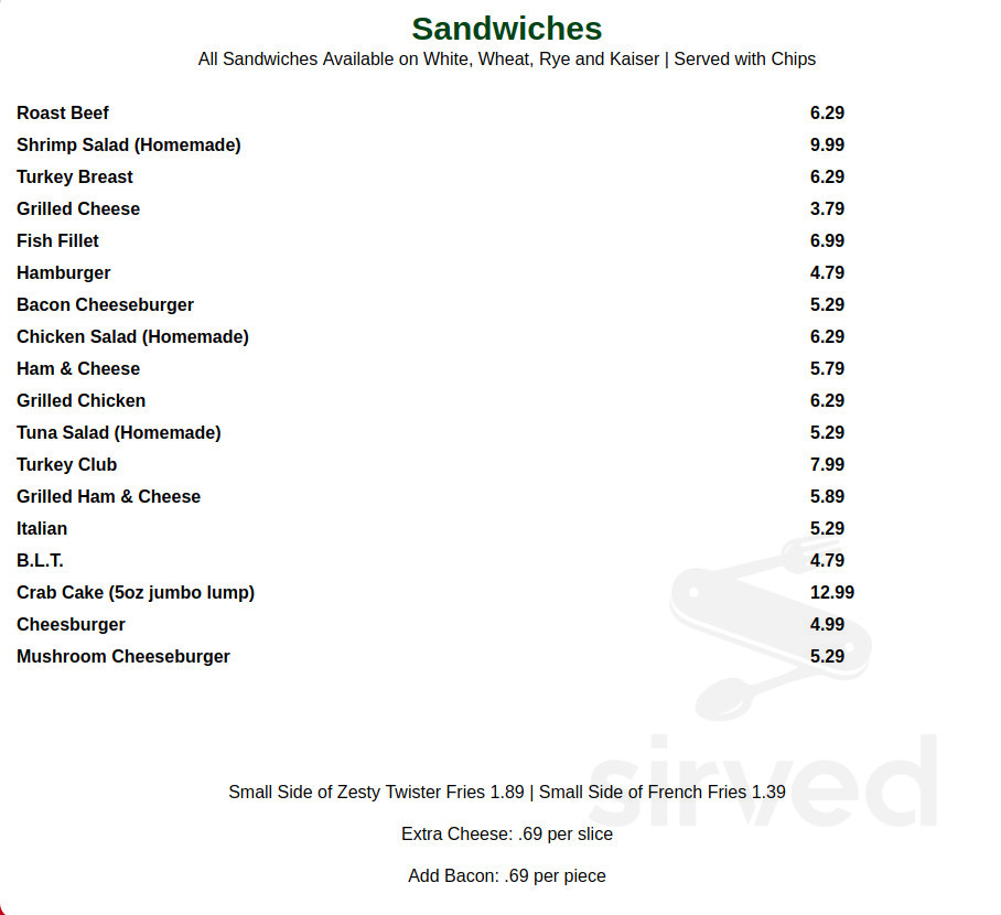 Tony's Cafe menu in Taneytown, Maryland, USA