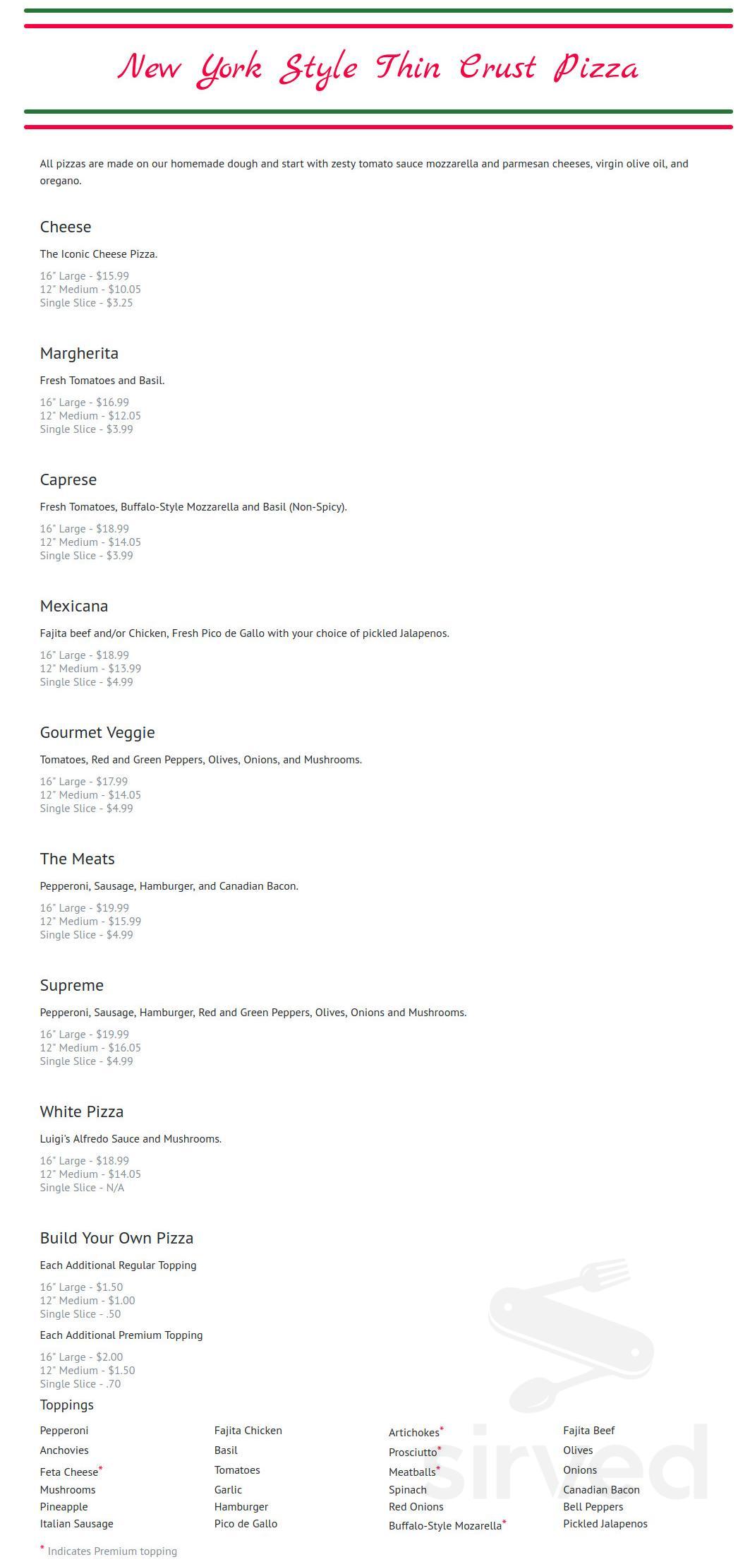 Menu - Houston TX's Luigis Pizzeria | Sirved