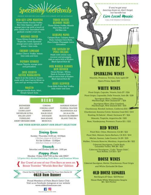 Old Key Lime House menu in Lantana, Florida, USA