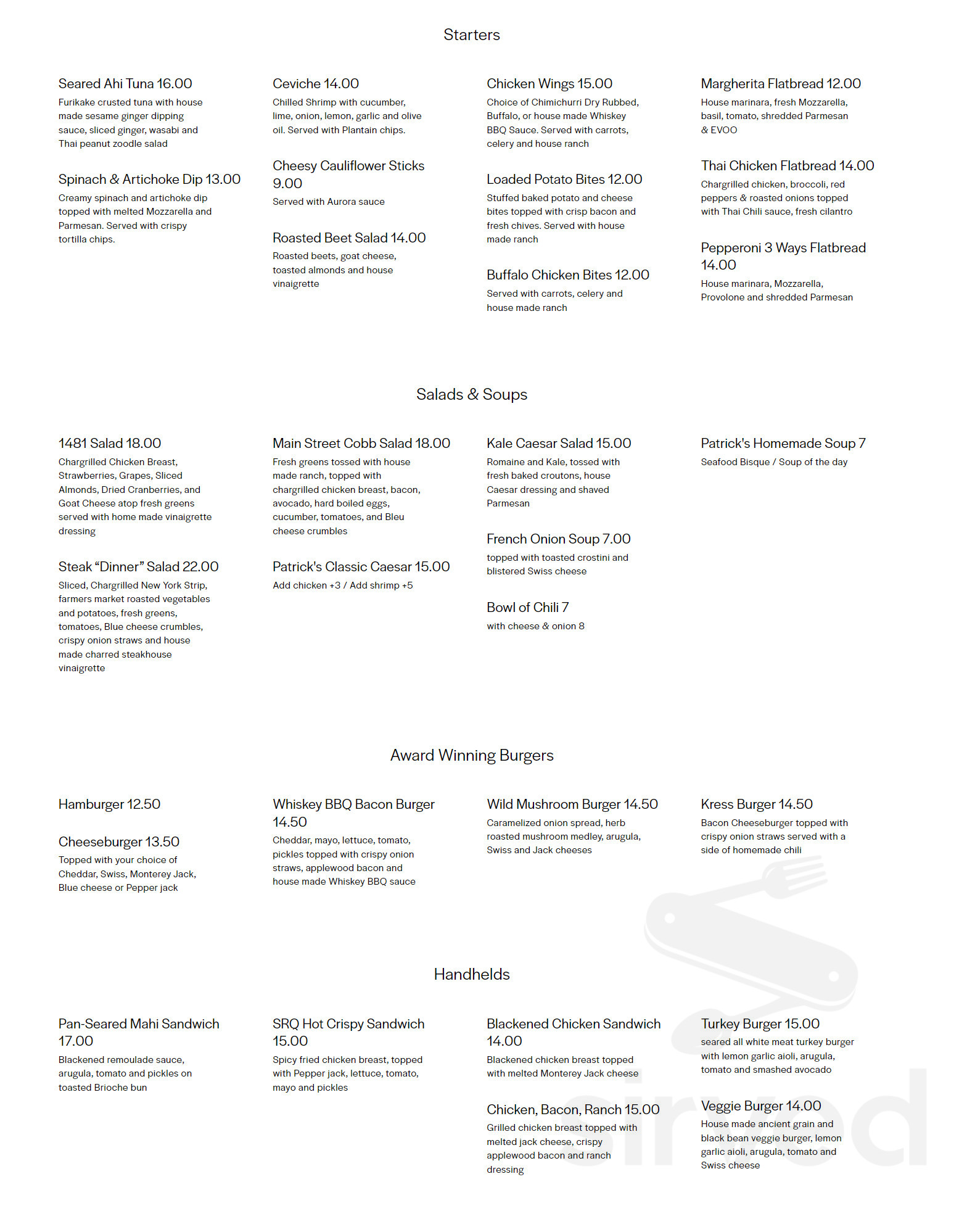 Patricks 1481 menu in Sarasota, Florida, USA