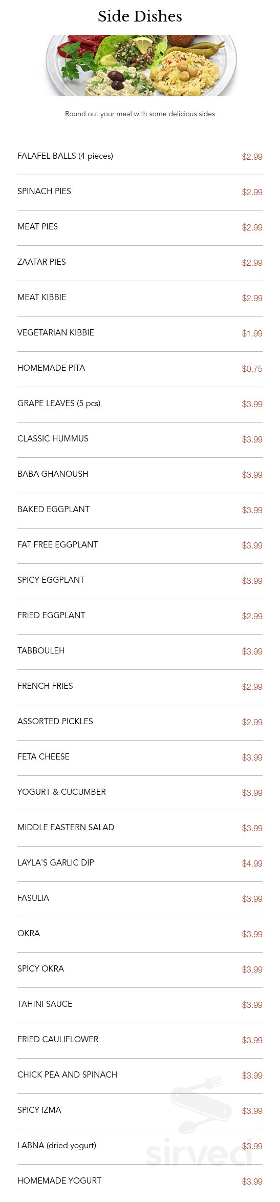 Layla's Falafel menu in Fairfield, Connecticut, USA