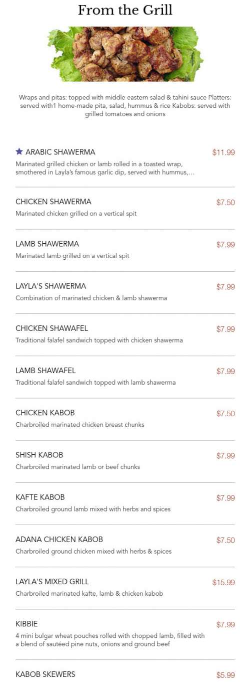 Layla's Falafel menu in Fairfield, Connecticut, USA
