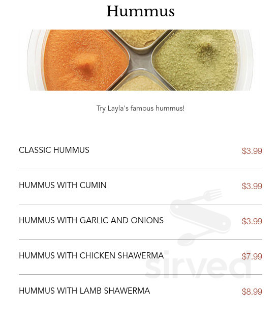 Layla's Falafel menu in Fairfield, Connecticut, USA