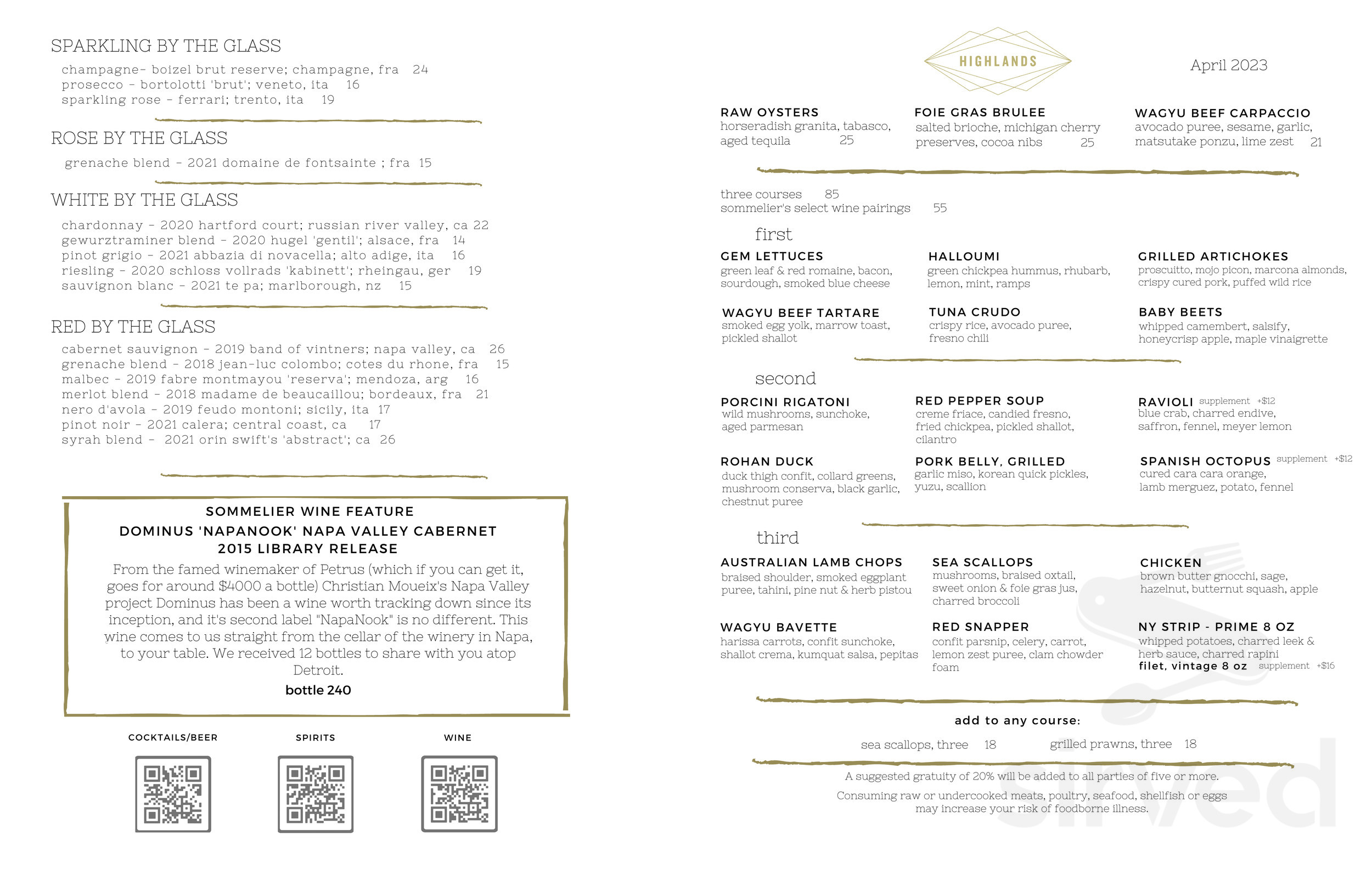 Menu - Detroit MI's Highlands | Sirved