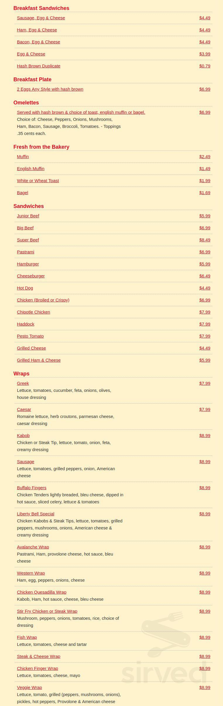 Liberty Bell menu in Billerica, Massachusetts, USA