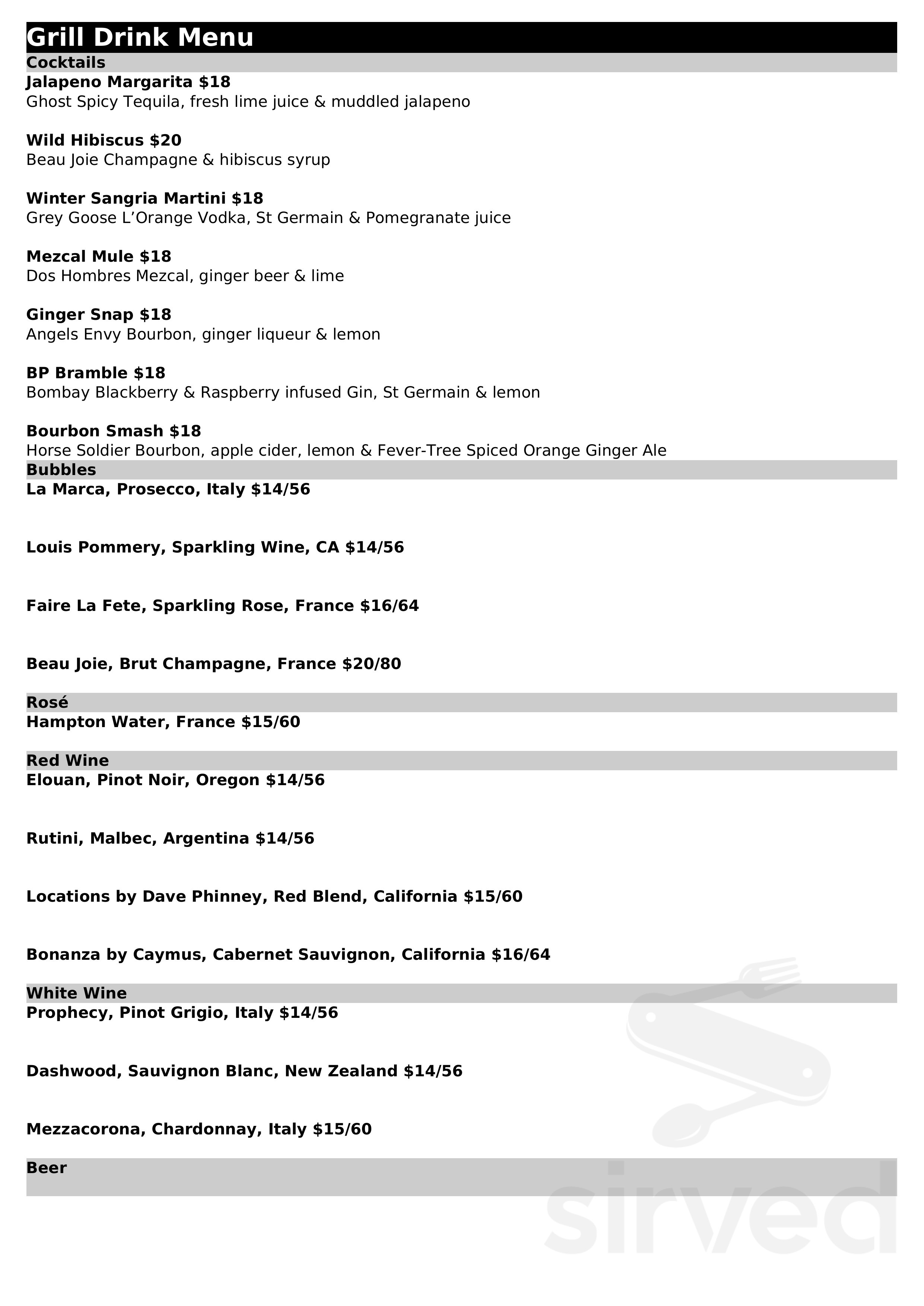 Bryant Park Grill menu in New York, New York, USA