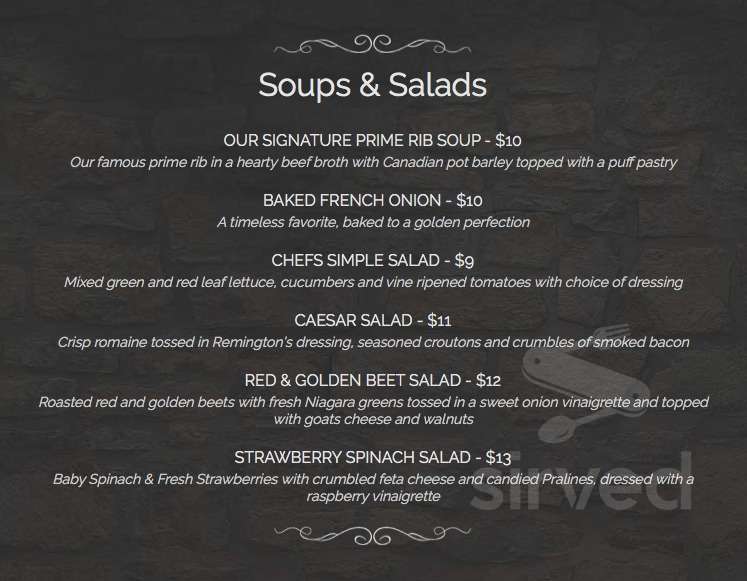 Menu for Remingtons of Niagara in Niagara Falls, ON | Sirved