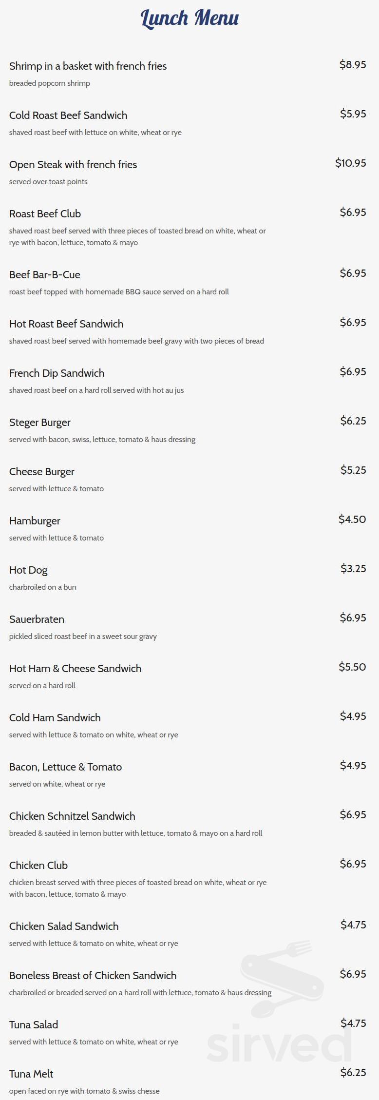 Steger Haus menu in Sodus, New York, USA