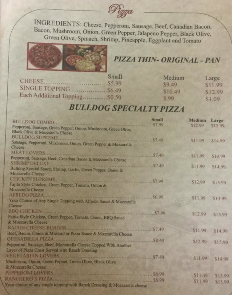 Bulldog Pizza menu in Jefferson, Texas, USA